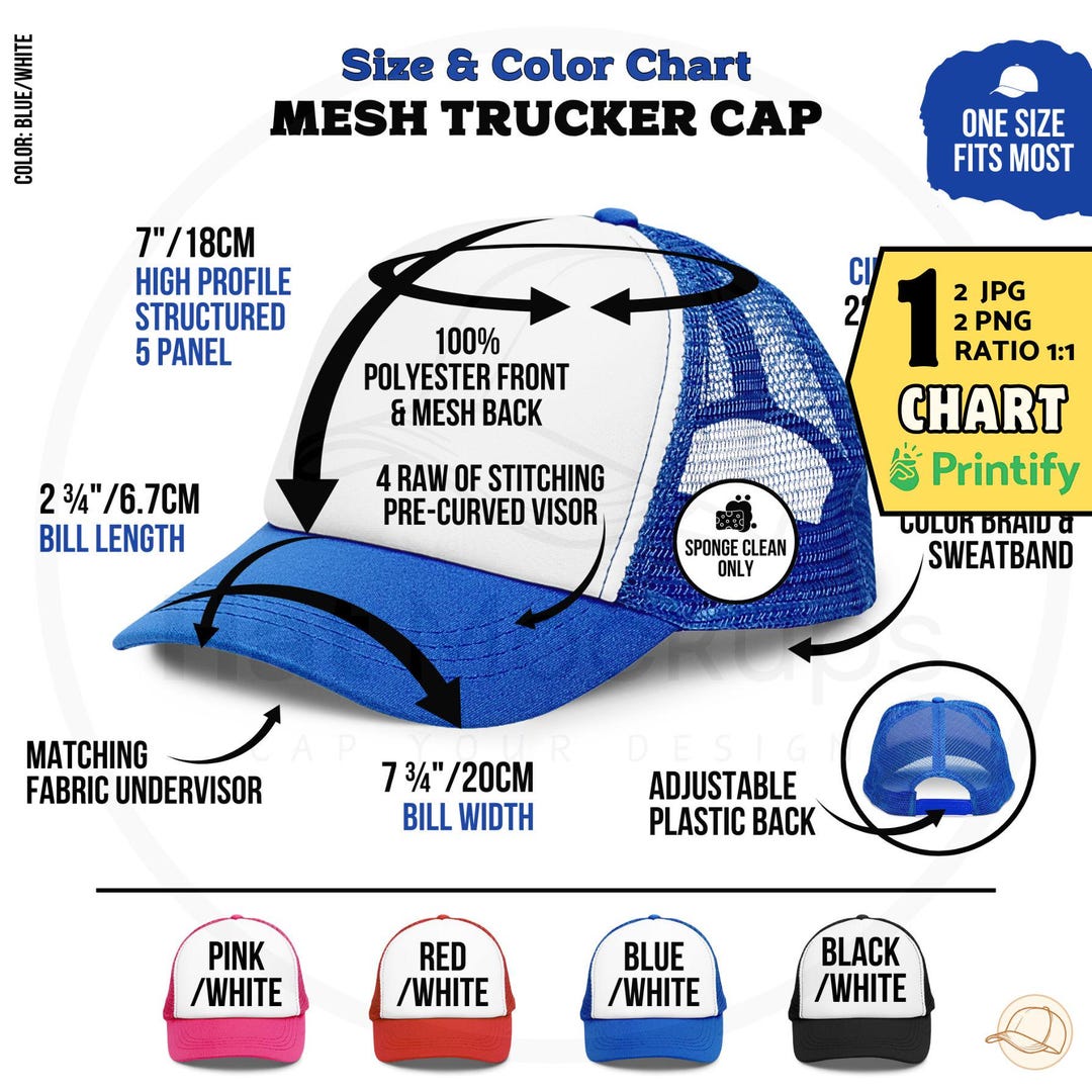 Tabela de tamanhos e cores do boné de malha PRINTIFY Tabela de tamanhos ...