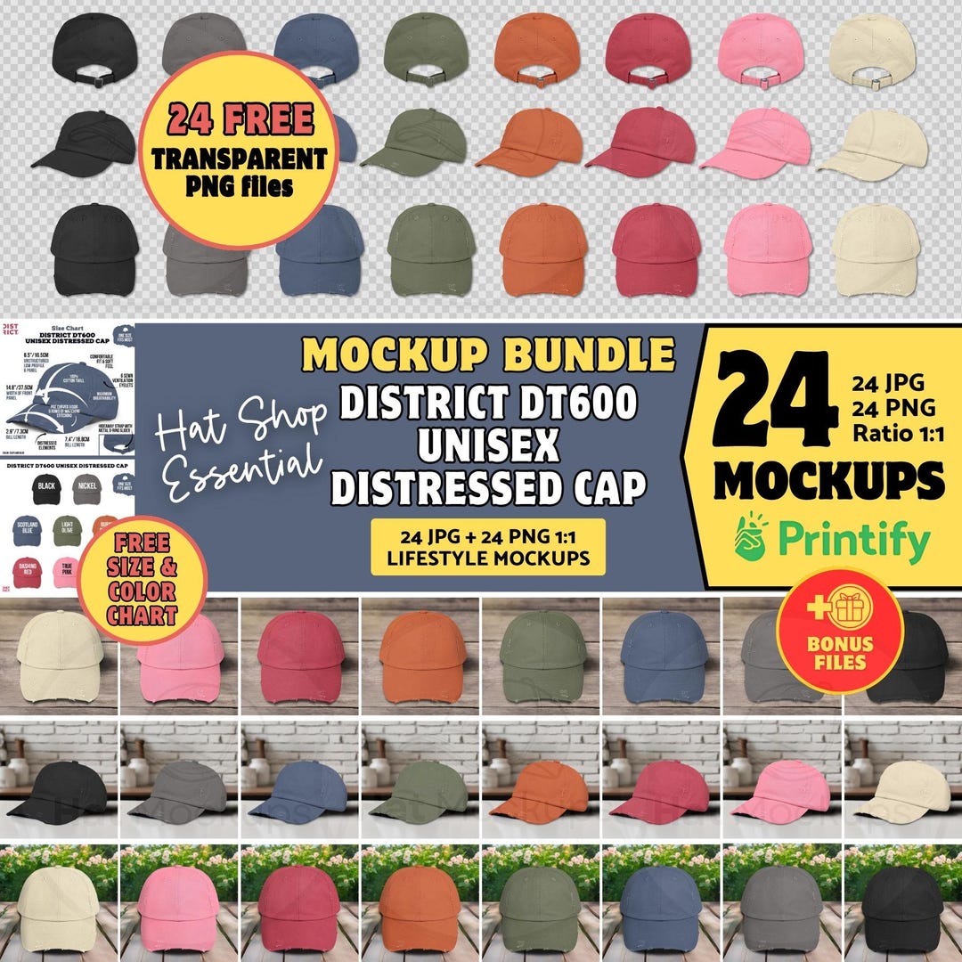DISTRESSED CAP Mockup Bundle, District DT600 Hat Shop Essentials Mocks ...