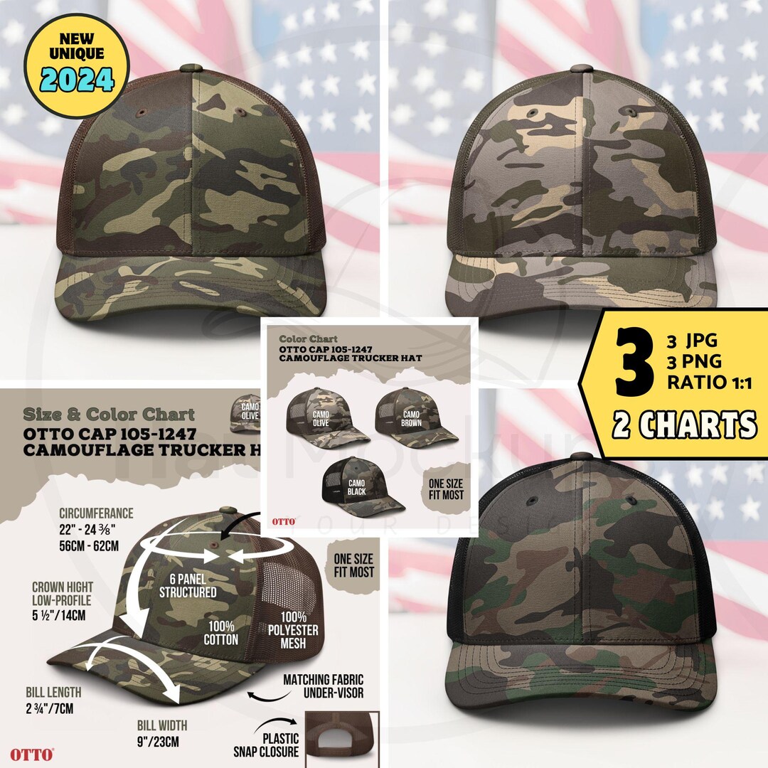 OTTO CAMOUFLAGE TRUCKER Hat Mockup Bundle, Camo Olive Otto Cap 105-1247 ...