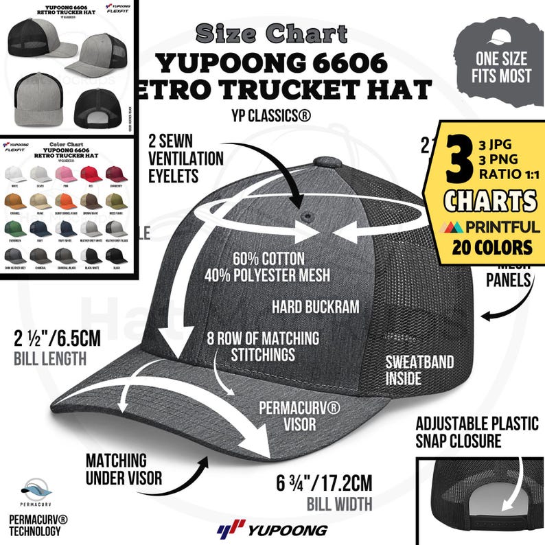 YUPOONG 6606 Hat Size Chart 6606 Retro Trucker Hat Color Chart ...