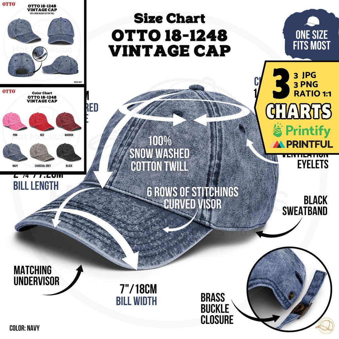 OTTO 18-1248 Vintage Cap Size Chart, Color Guide, Product Specs Mockup ...