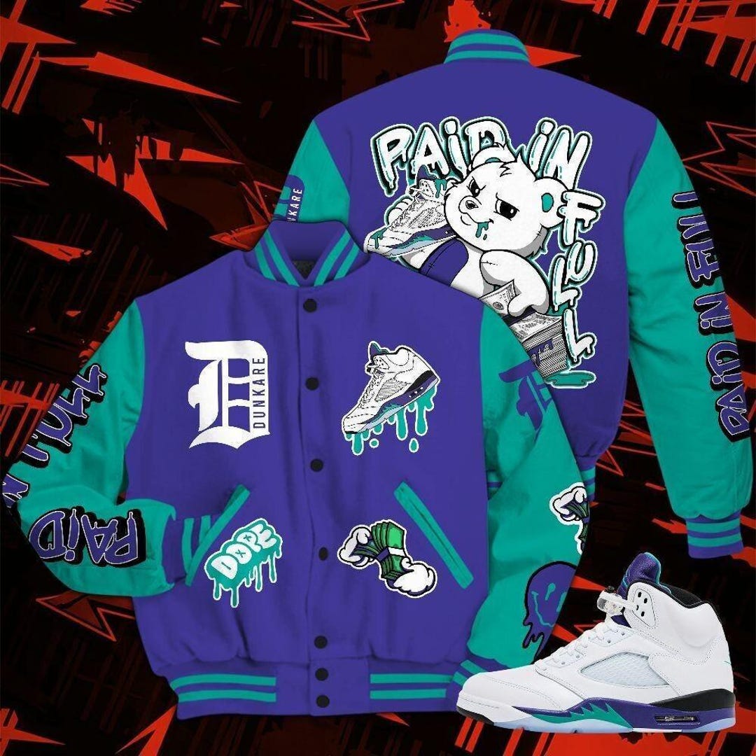 Dunkare Retro Grape 5s Varsity Jacket - Paid in Full Bear All Over ...