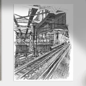 Subway Train Tracks Ink Drawing Digital Print – NYC Urban Ink Drawing ...
