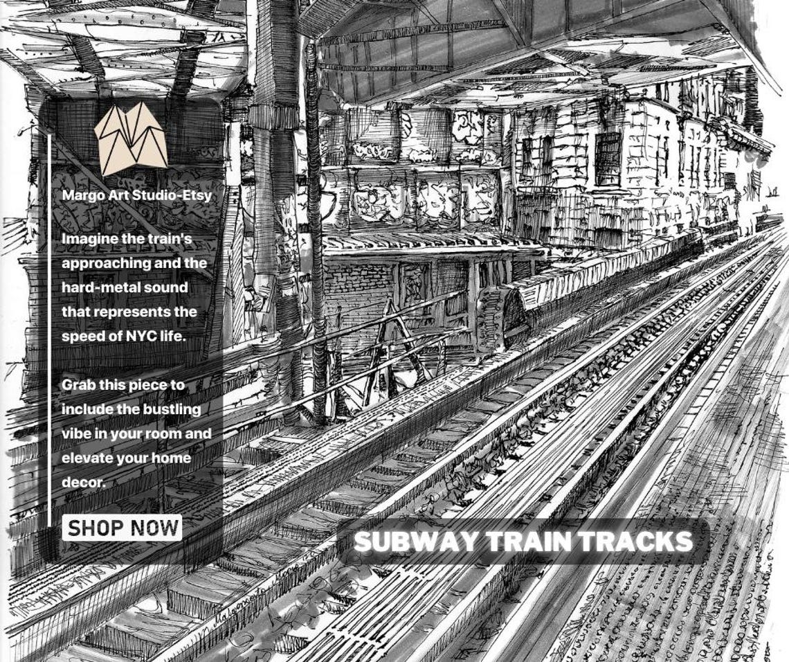 Subway Train Tracks Ink Drawing Digital Print – NYC Urban Ink Drawing ...