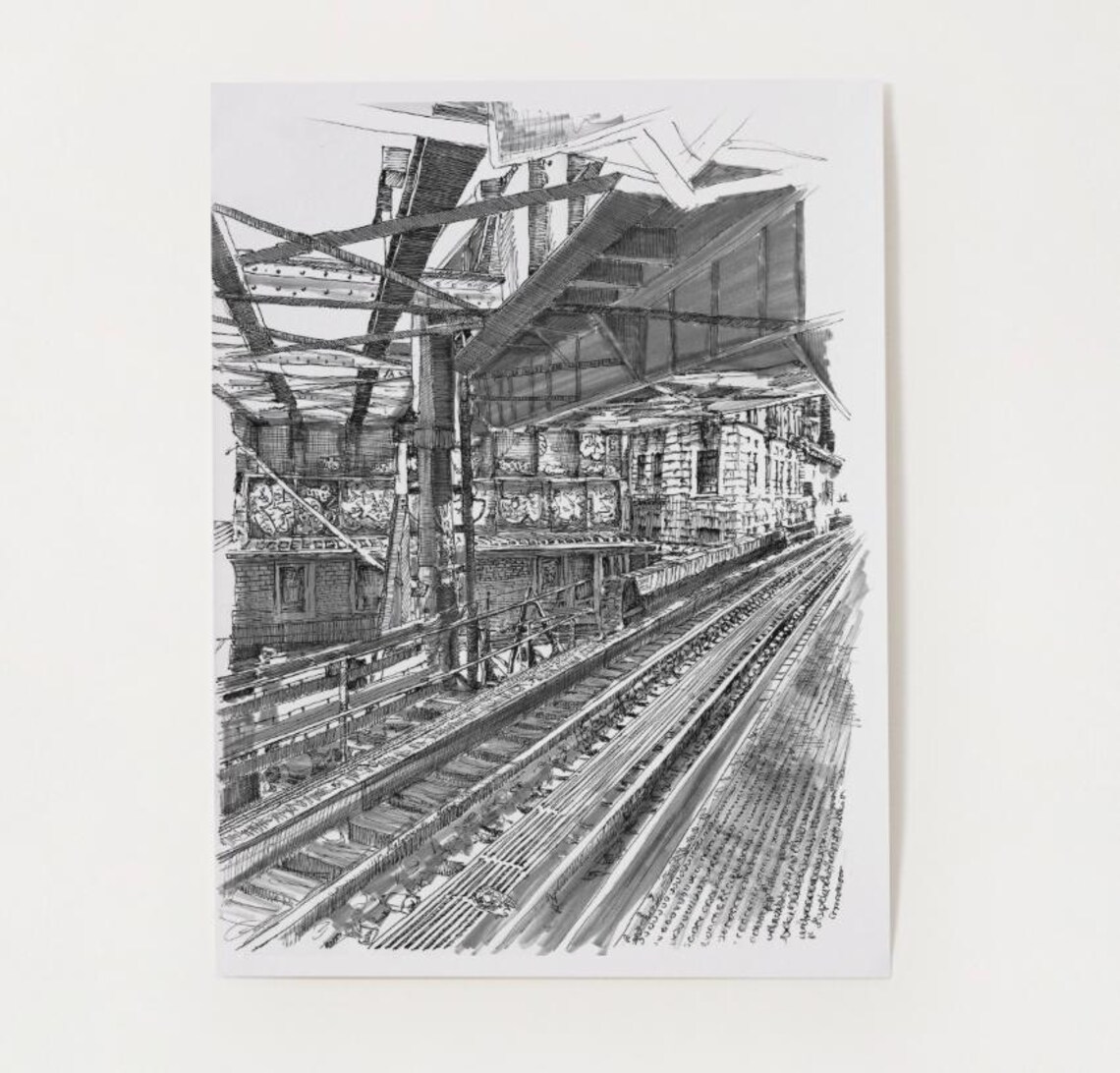 Subway Train Tracks Ink Drawing Digital Print – NYC Urban Ink Drawing ...