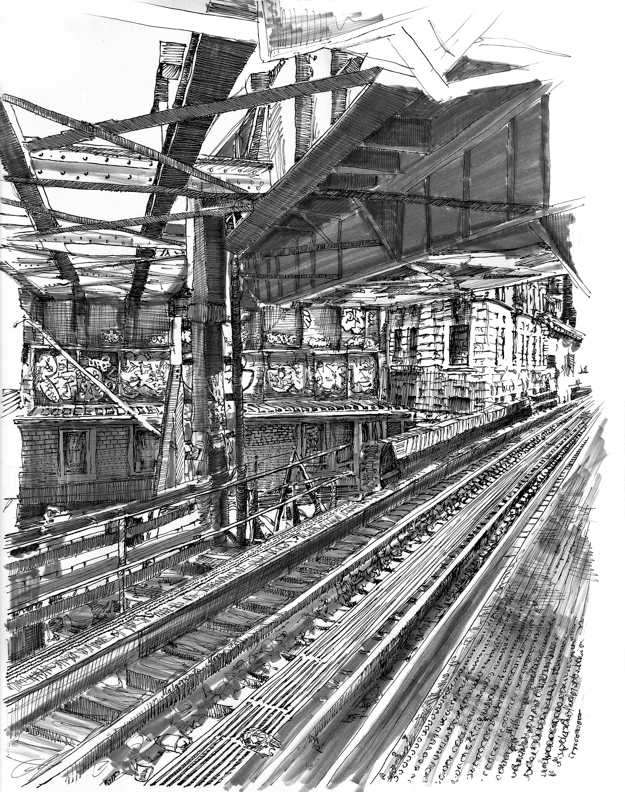 Subway Train Tracks Ink Drawing Digital Print – NYC Urban Ink Drawing ...