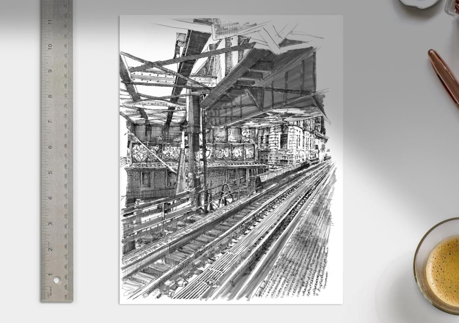 Subway Train Tracks Ink Drawing Digital Print – NYC Urban Ink Drawing ...