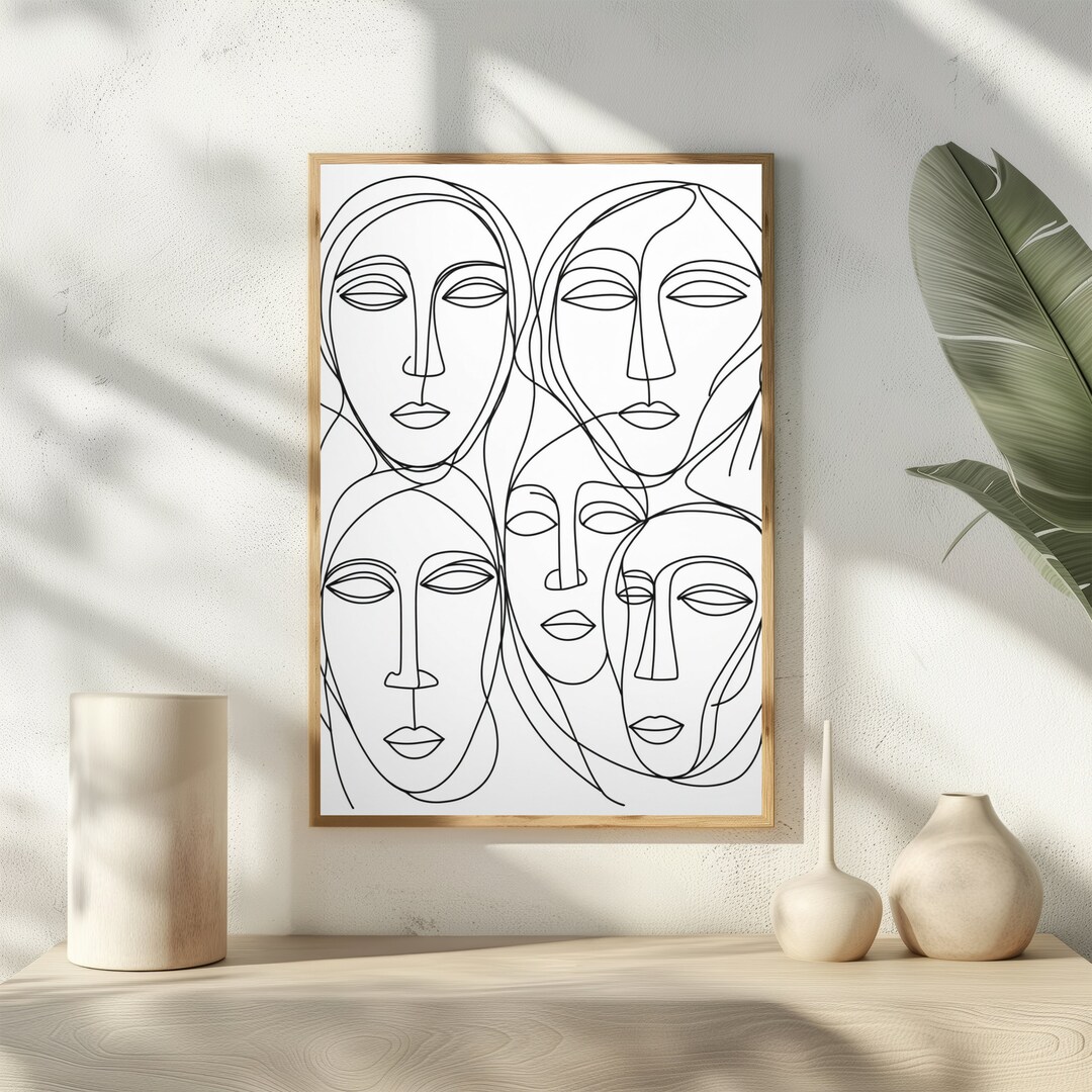 Abstract Faces Line Art Drawing Poster, One Line Bathroom Art, Modern ...