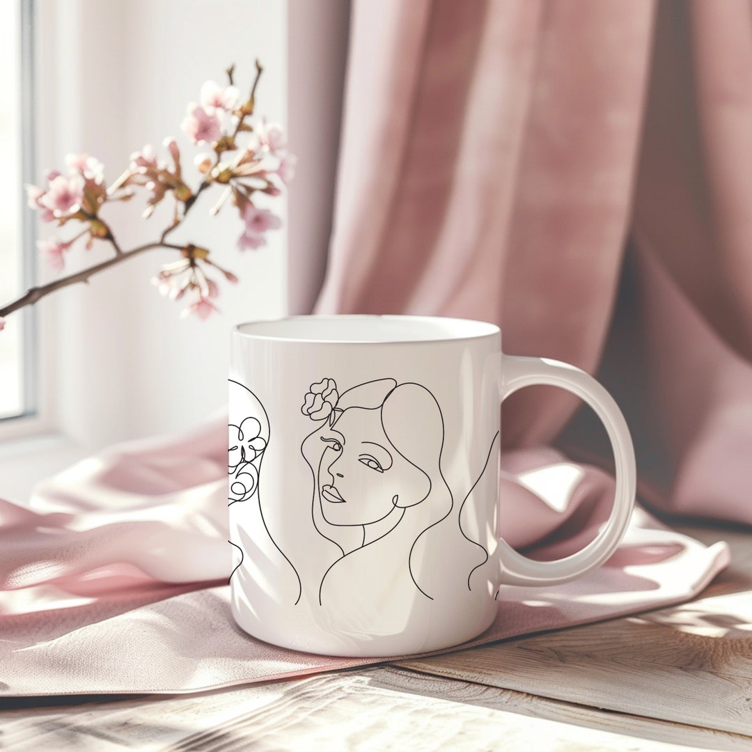 Floral Women Line Art Mug, Woman Face Mug, Floral Coffee Mug ...