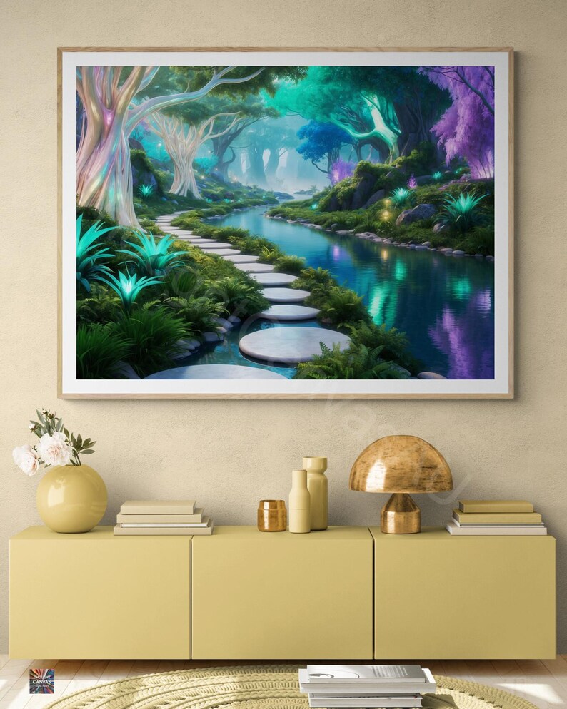 Luminescent Forest Path Ethereal Digital Art Vibrant River Scene ...