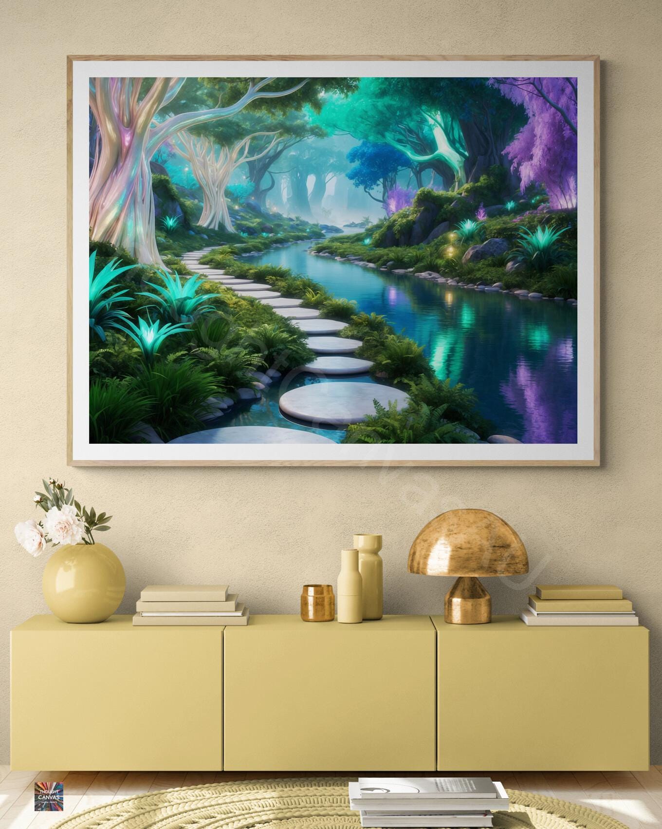 Luminescent Forest Path Ethereal Digital Art Vibrant River Scene ...