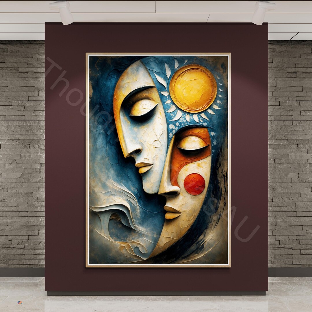 Abstract Face Art Print: Two Overlapping Portraits, Mid Century Modern ...