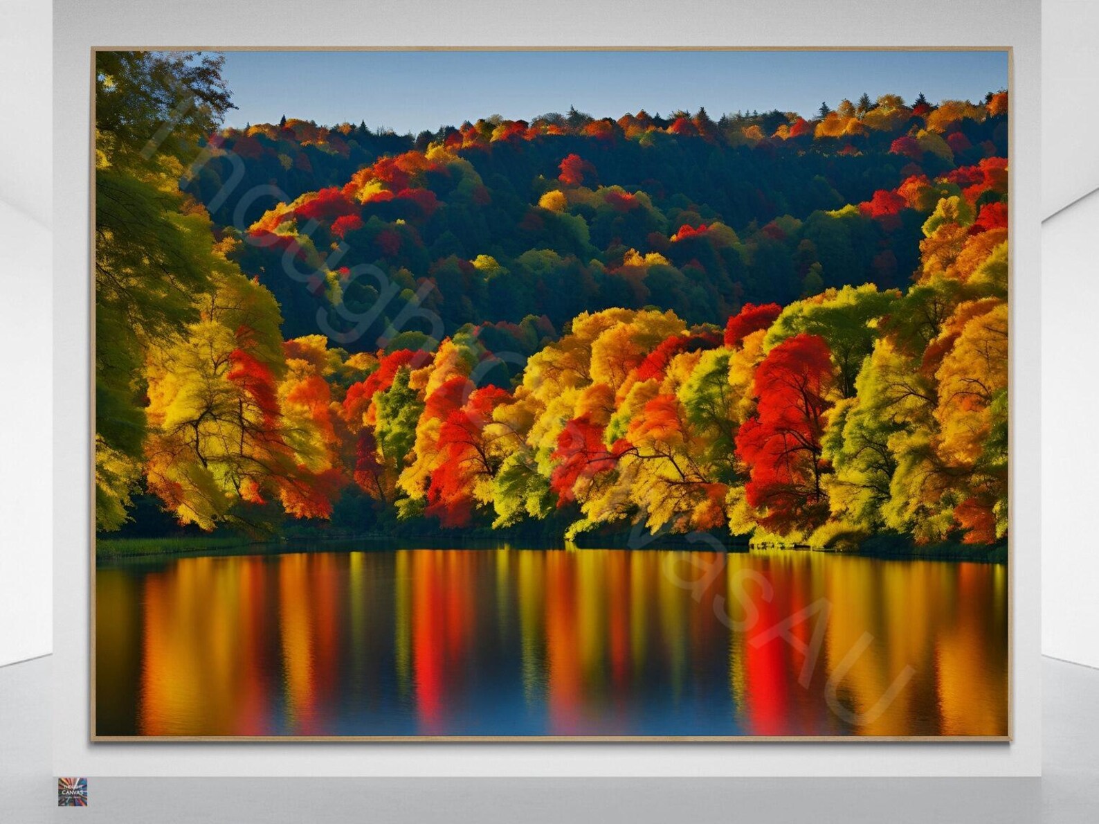 Red and Yellow Trees Riverbank Landscape Digital Art Print Autumnal ...