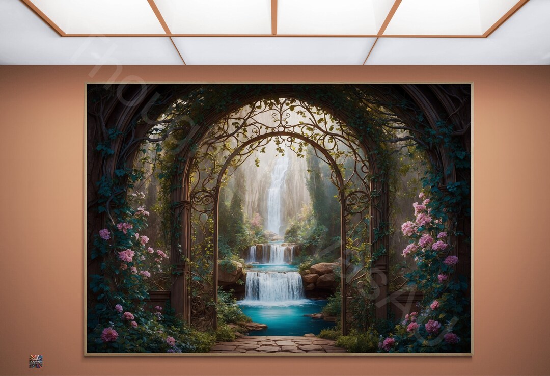 Enchanted Waterfall Digital Art Print | Mystical Vine Archway Wall Art ...