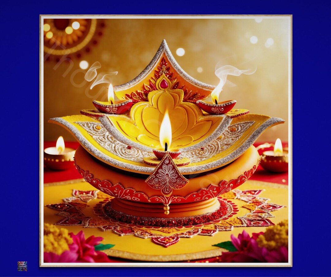 Colorful Diwali Art Ornate Diya Digital Print Indian Festival Decor ...
