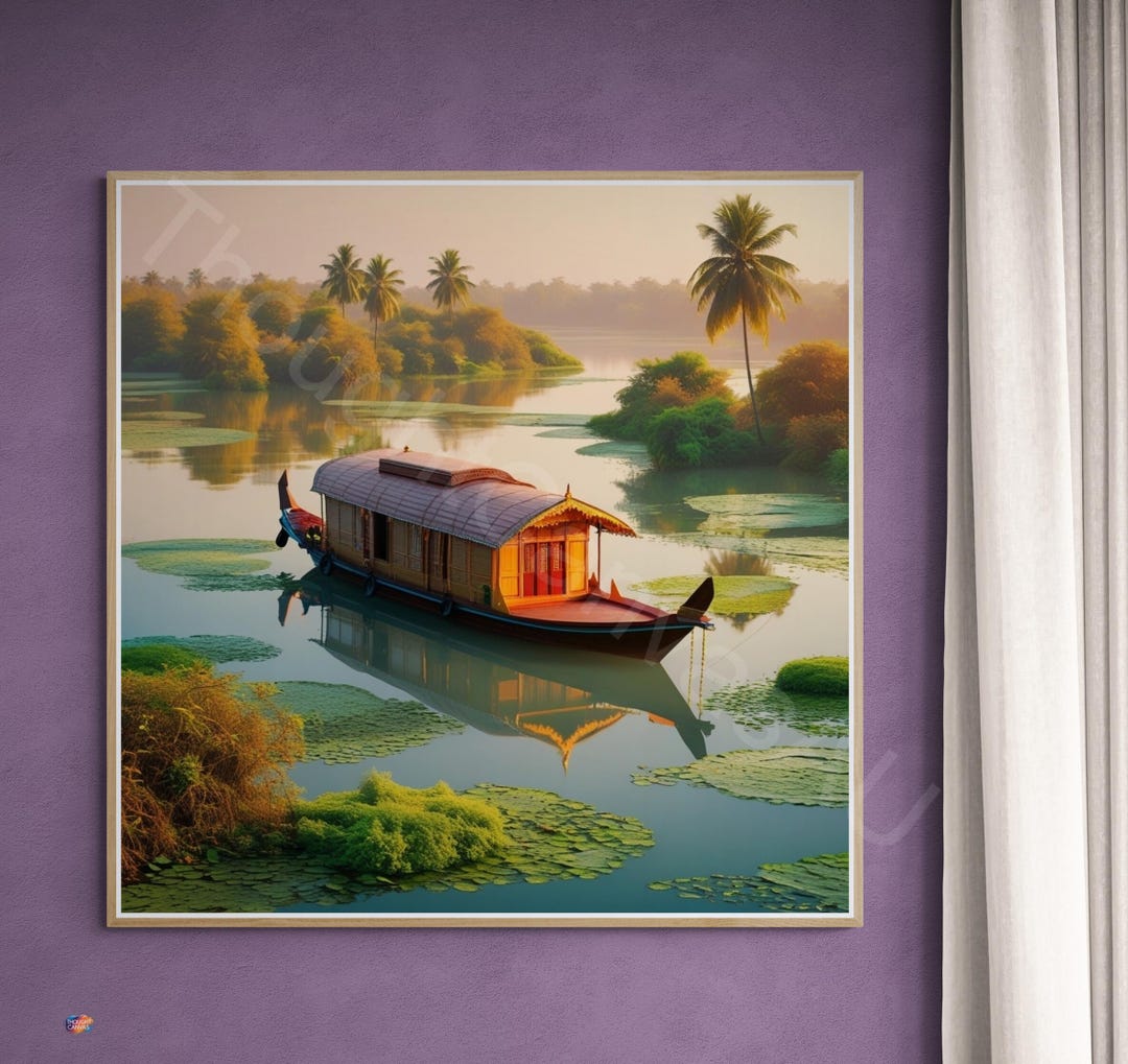 Kerala Houseboat Art Print | Backwater Landscape, India Travel Digital ...