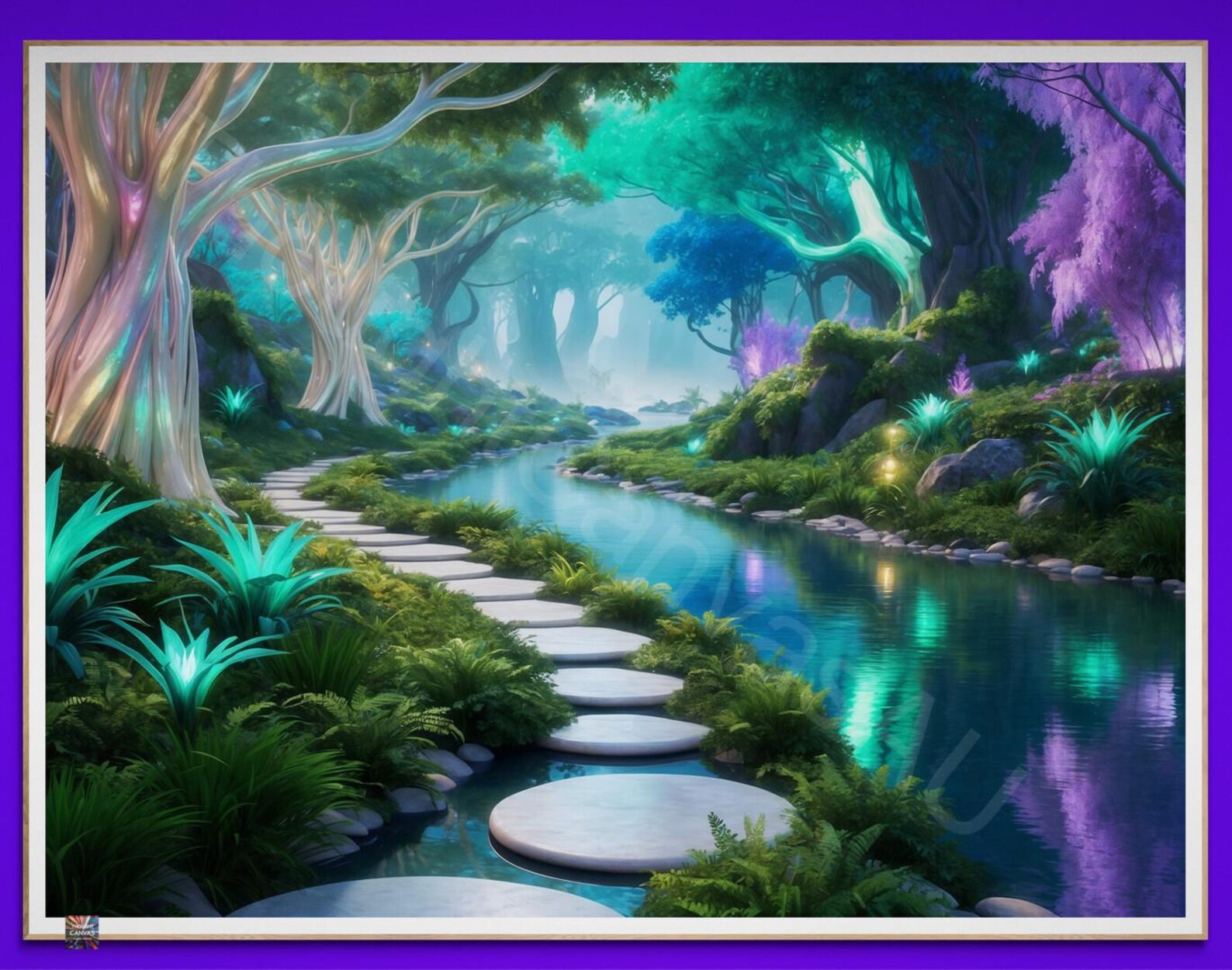 Luminescent Forest Path Ethereal Digital Art Vibrant River Scene ...