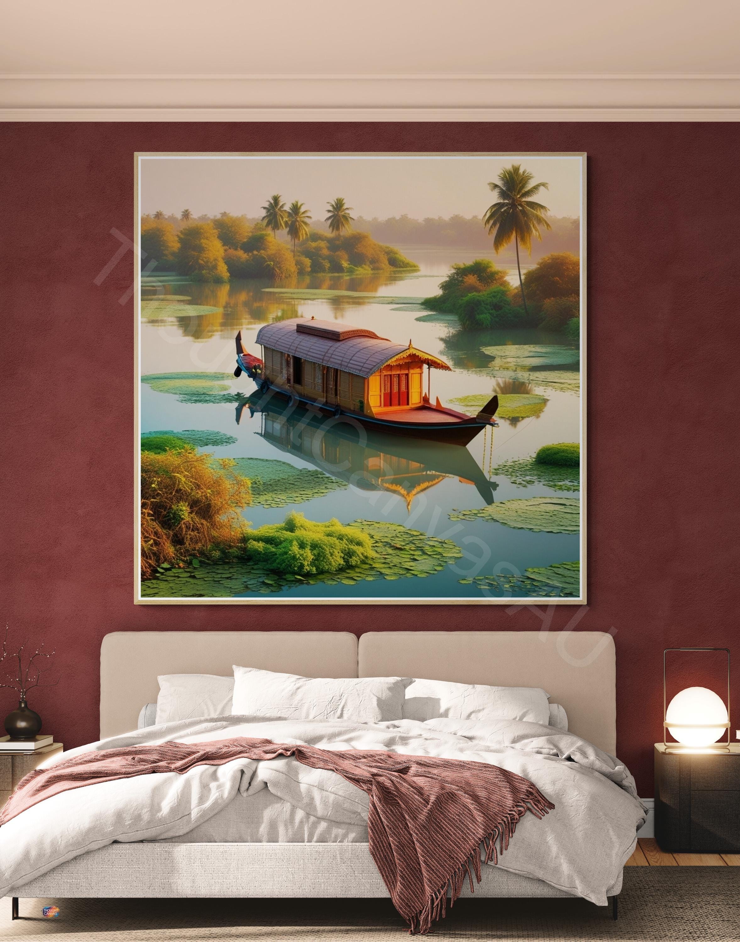 Kerala Houseboat Art Print | Backwater Landscape, India Travel Digital ...