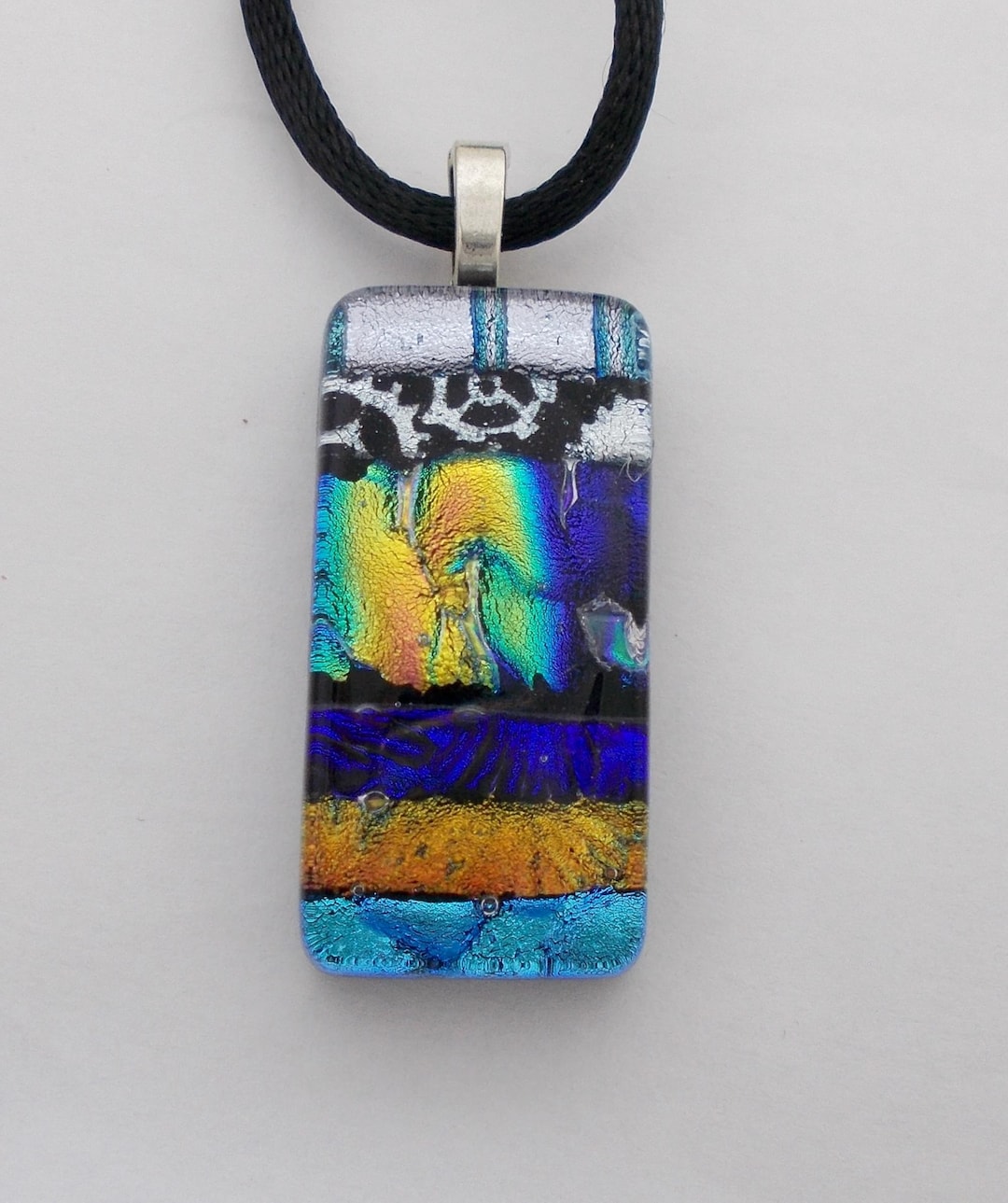 Dichroic Glass Pendant: Fused Black & Clear Glass With Satin Cord - Etsy