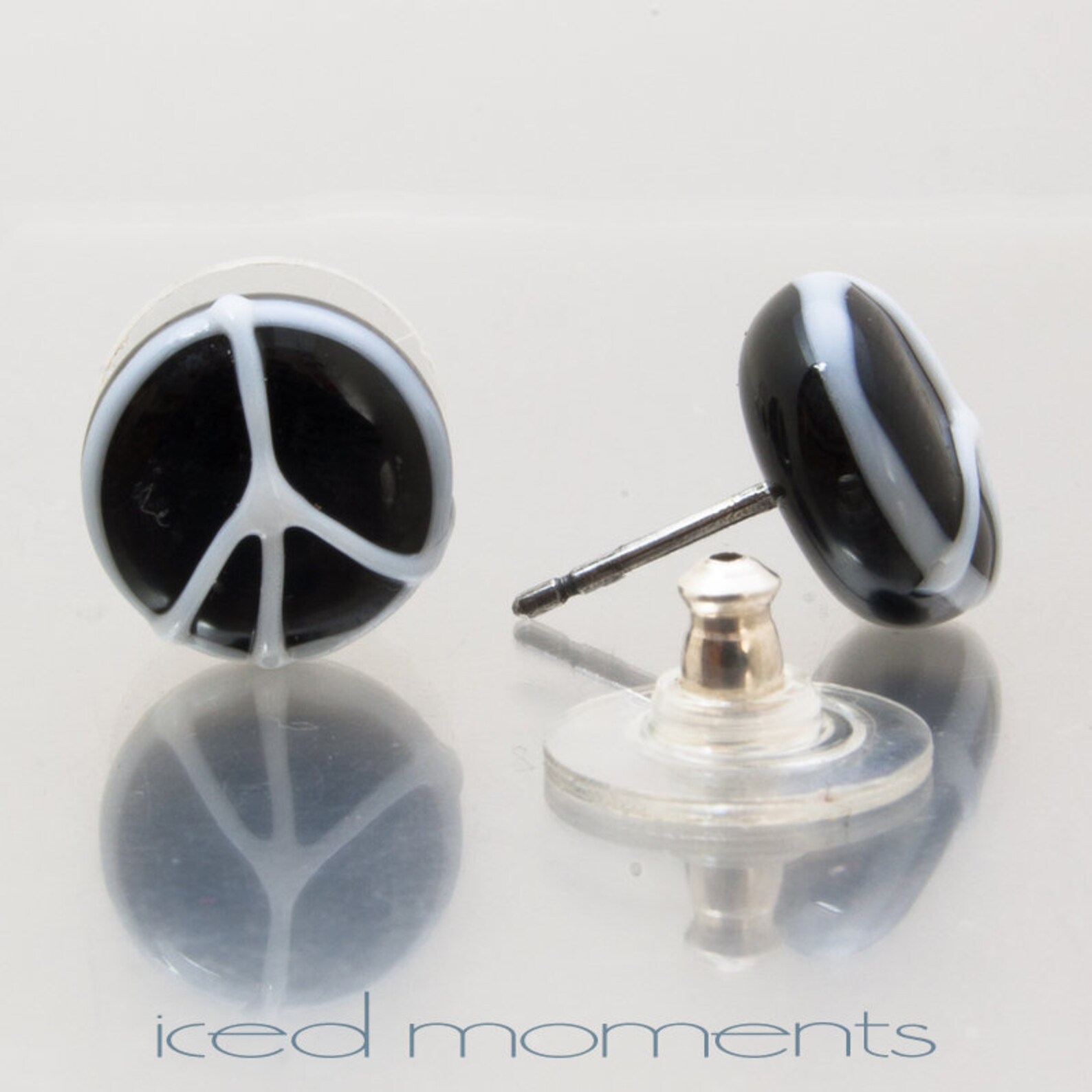 Stud Earrings - Peace Sign in Black and White. Single or Pair. Lampwork ...