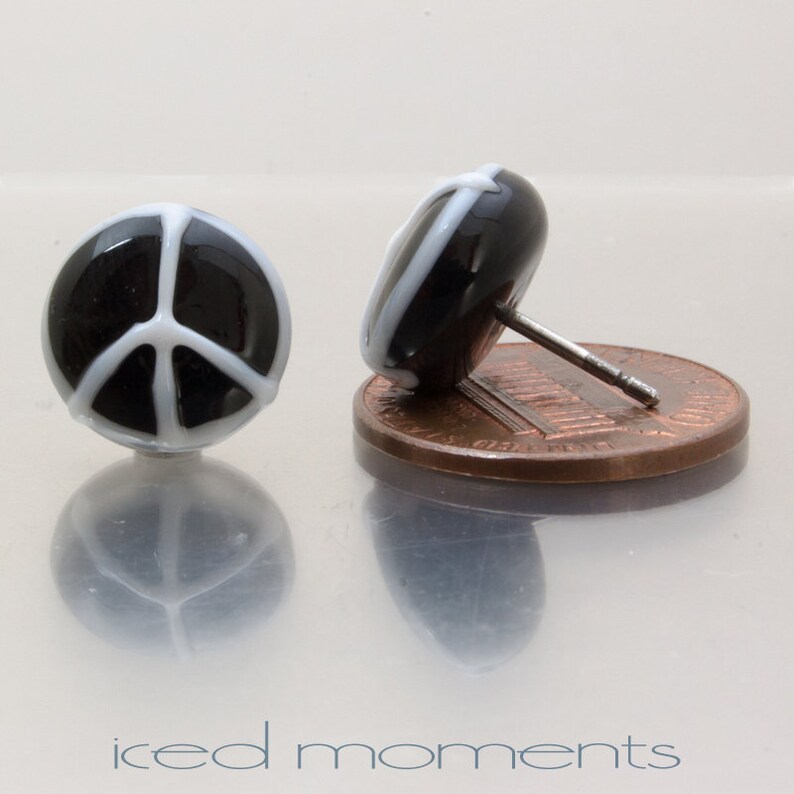 Stud Earrings - Peace Sign in Black and White. Single or Pair. Lampwork ...