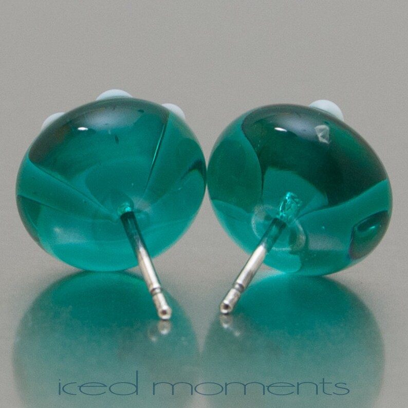 Stud Earrings - Smile :-) in Transparent Light Teal and White. Lampwork ...