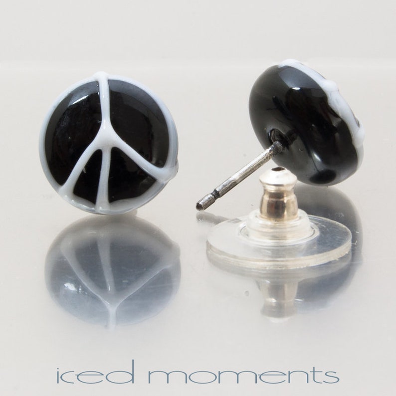 Stud Earrings - Peace Sign in Black and White. Single or Pair. Lampwork ...