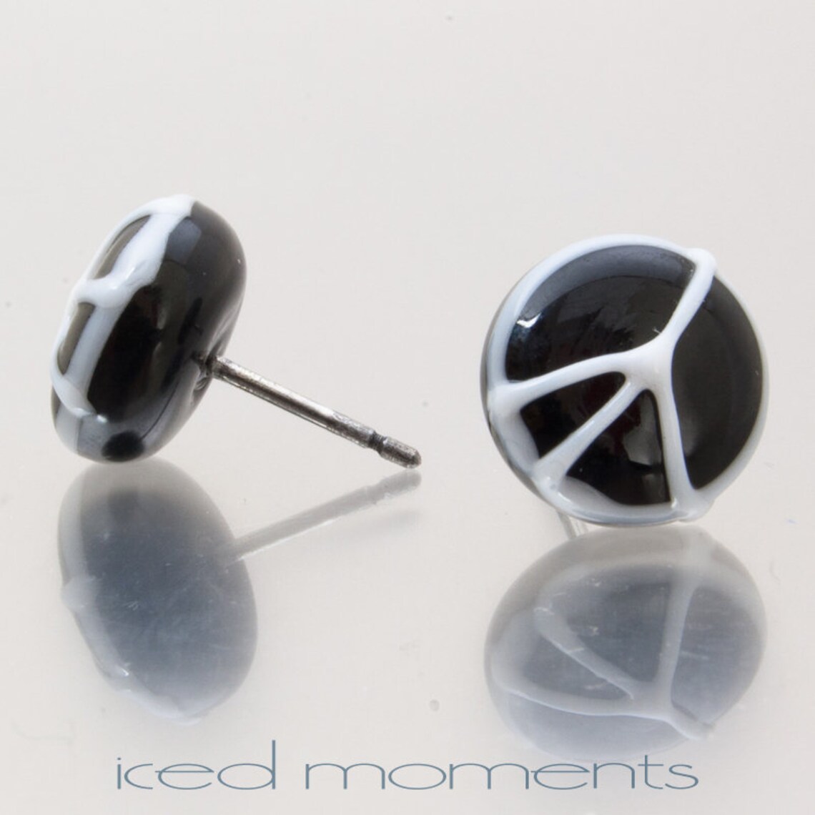 Stud Earrings - Peace Sign in Black and White. Single or Pair. Lampwork ...