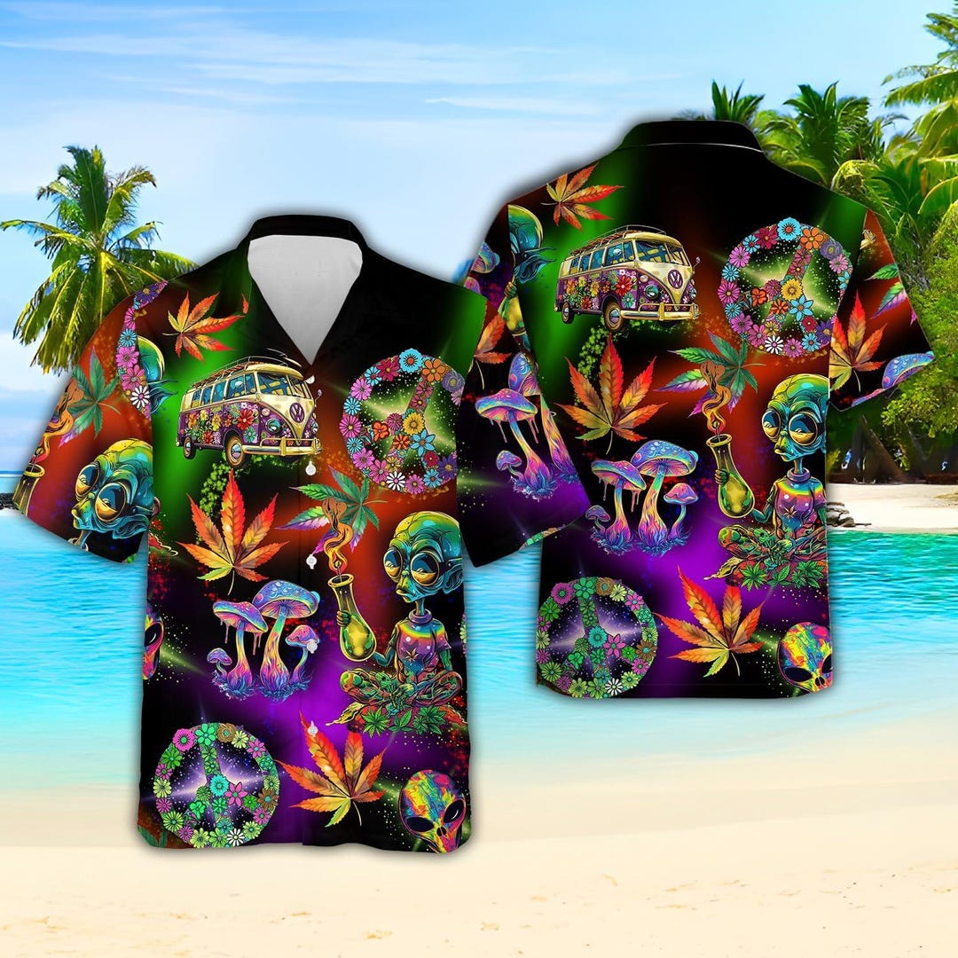 Alien Hippie Van Hawaiian Shirt, Galaxy Alien Aloha Shirt, Alien Space ...