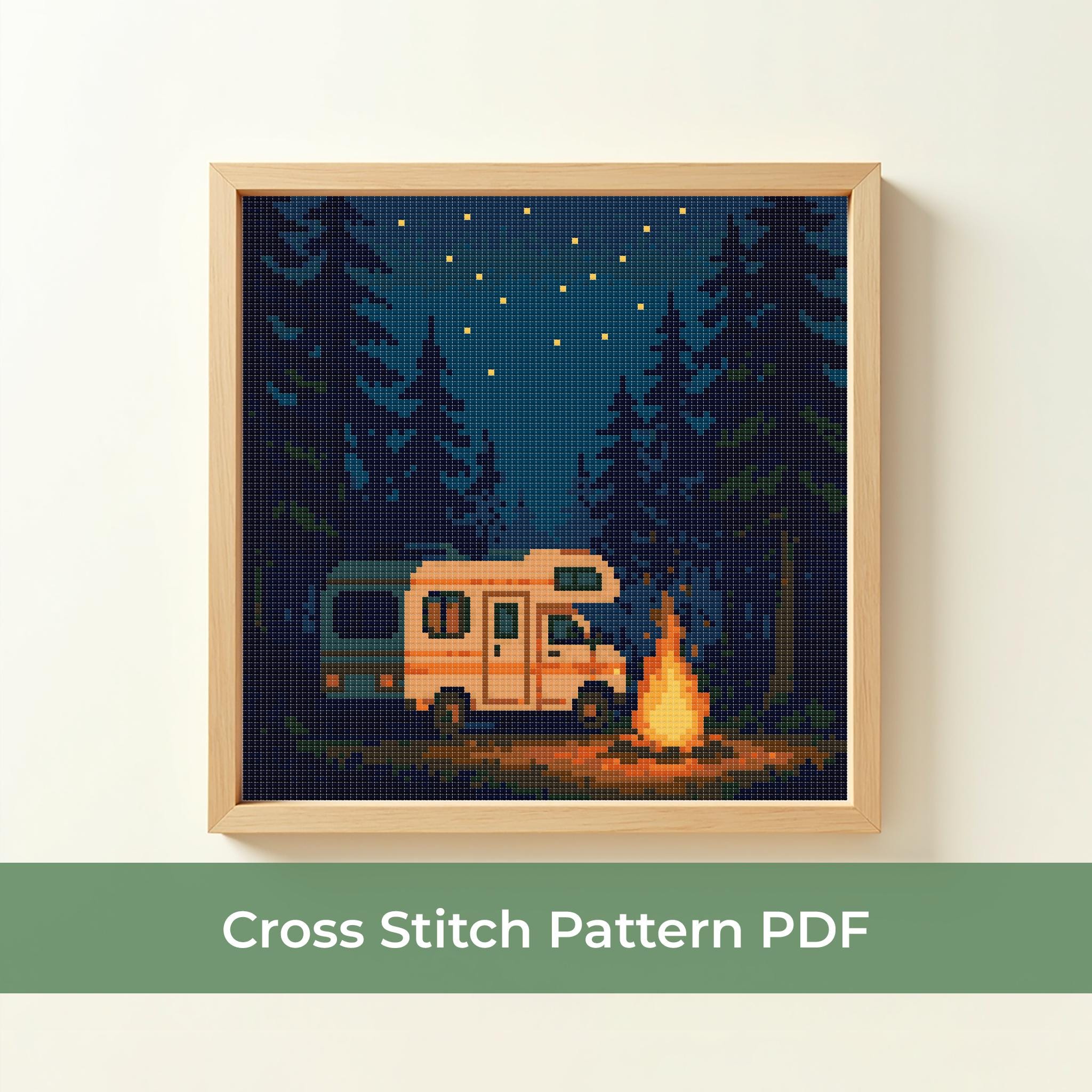 RV Camping Cross Stitch Pattern PDF, Forest Camper Van Embroidery ...