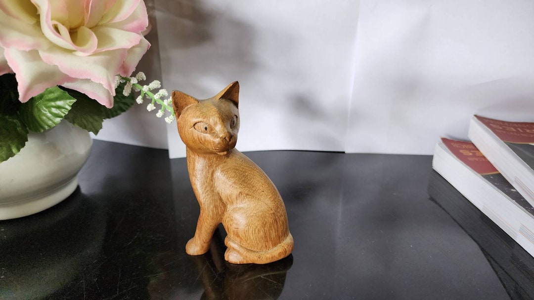 Hand-carved Wooden Sitting Cat Figurine 4", Artistic Home Decor, Eco ...
