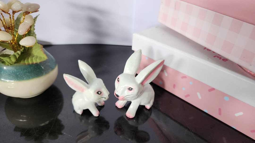 Hand-carved Wooden White Rabbit Figurines, Set of 2, Artistic Home ...