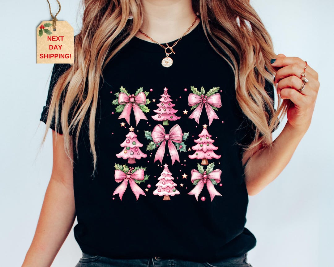 Christmas Girls Pink Bow Shirt, Christmas Tree Tshirt, Pretty Pink Bows ...