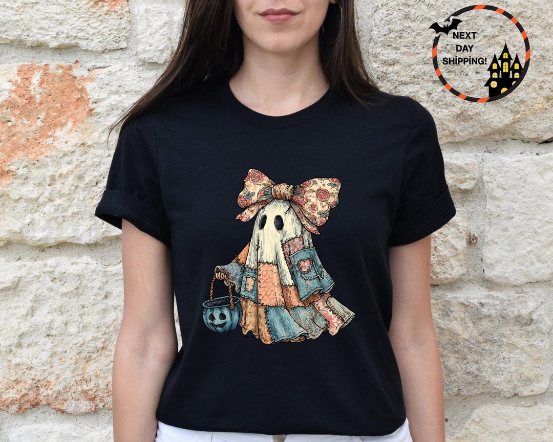 Retro Denim Ghost Shirt: Trendy Patchwork Halloween Tee - Etsy
