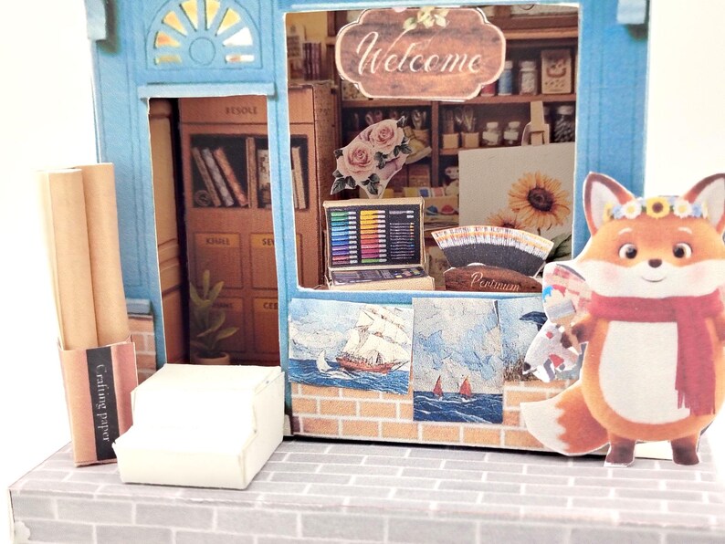 Light Blue Craft Supply House Papercraft, Cozy Miniature Diorama ...