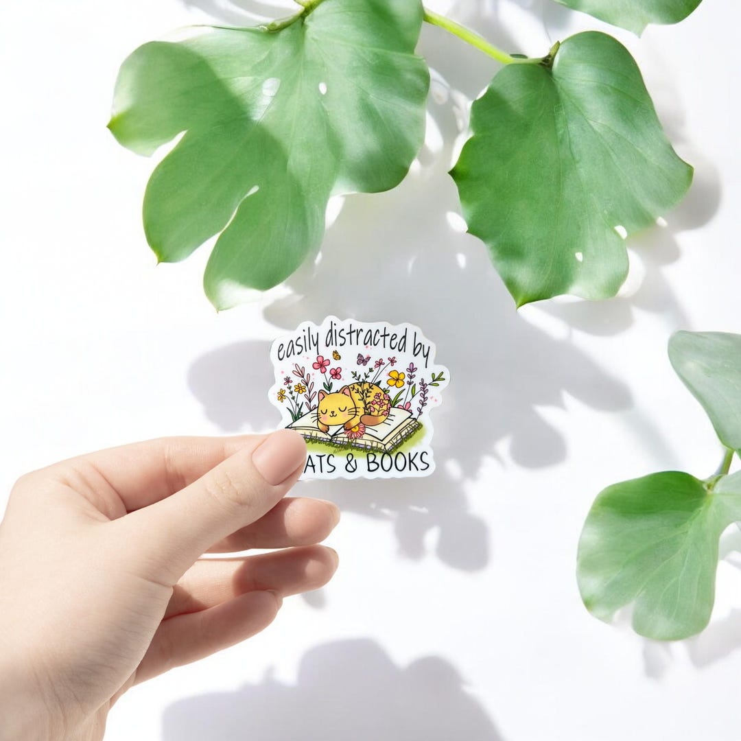 Cute Cat With Books Sticker, Easily Distracted by Cats and Books, Book ...