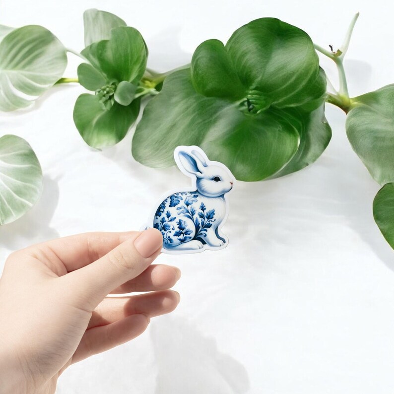 Cute Rabbit Sticker, Blue Floral Bunny Decal, Decorative Animal Sticker ...