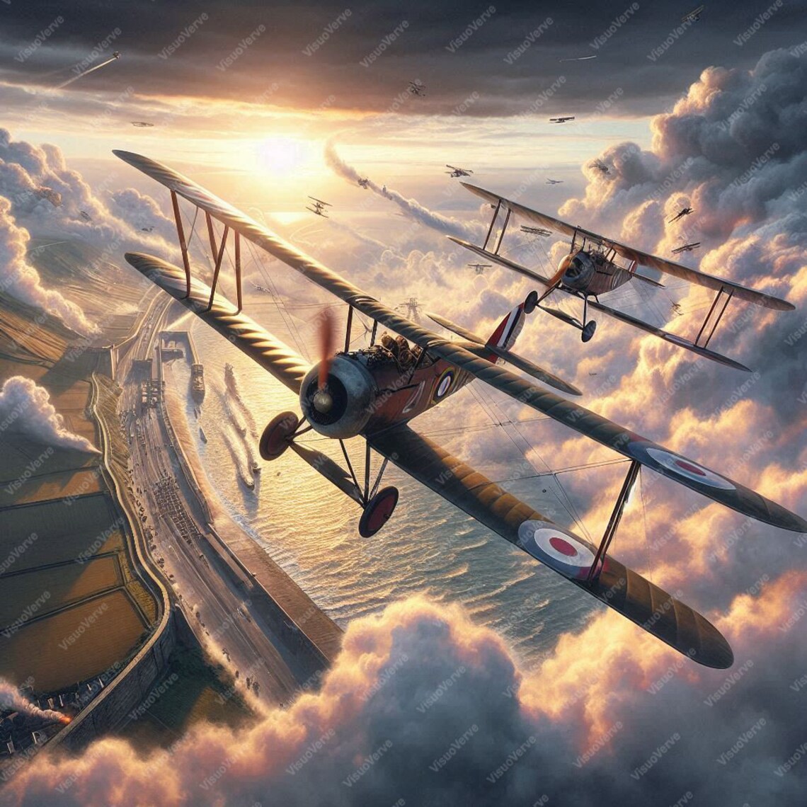Biplane Flying Over the Ocean at Sunset - Etsy