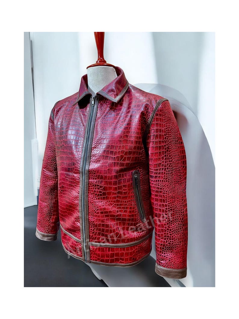 Crocodile Skin Biker Leather Jacket for Men Leather Jacket Burgundy Crocodile Pattern Real ...