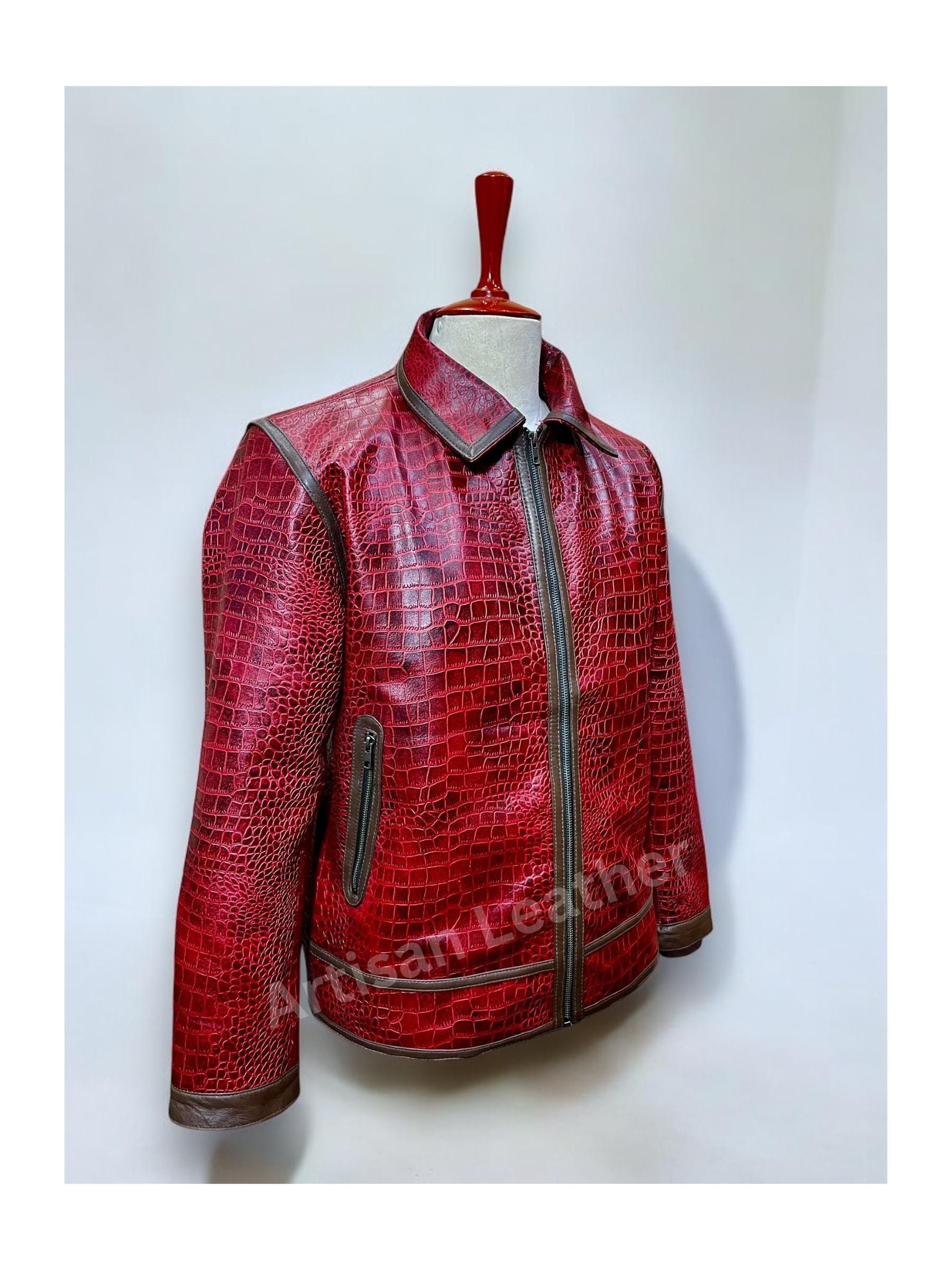 Crocodile Skin Biker Leather Jacket for Men Leather Jacket Burgundy ...