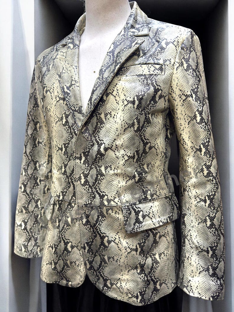 Mens Genuine Soft Lambskin Leather Coat Snake Skin Print Blazer Jacket ...