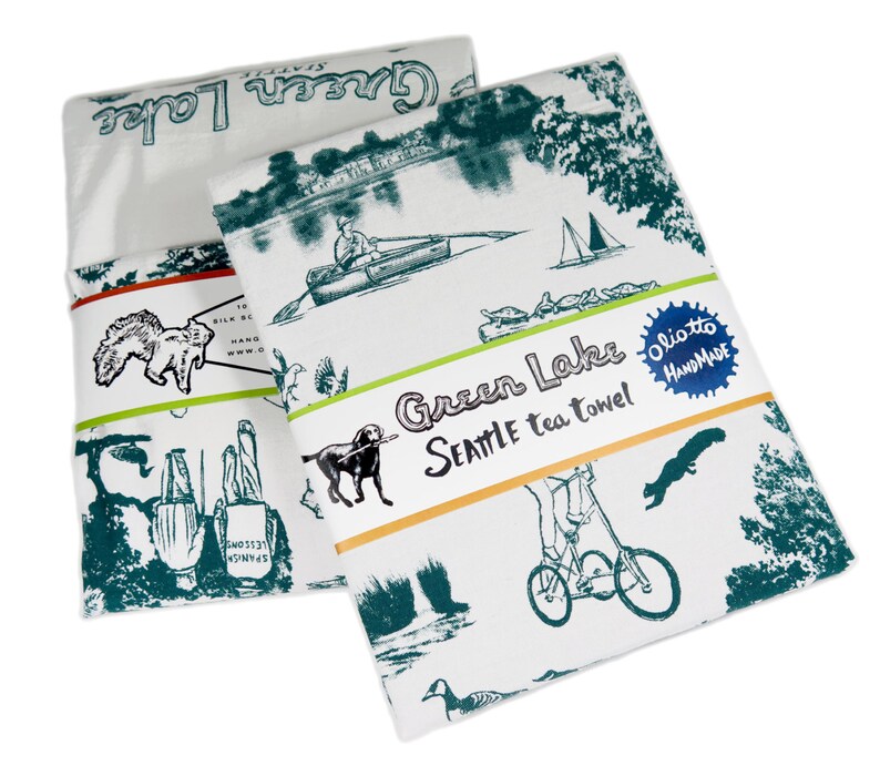 Tea Towel Seattle Green Lake on White Flour Sack 100% Cotton - Etsy