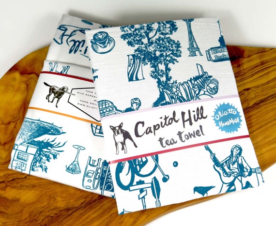 Tea Towel Screen Print Blue Toile Seattle Capitol Hill 100% | Etsy