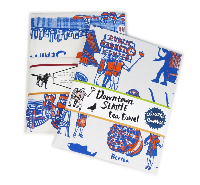 Downtown Seattle Retro Toile Neighborhood Tea Towel White Flour Sack ...