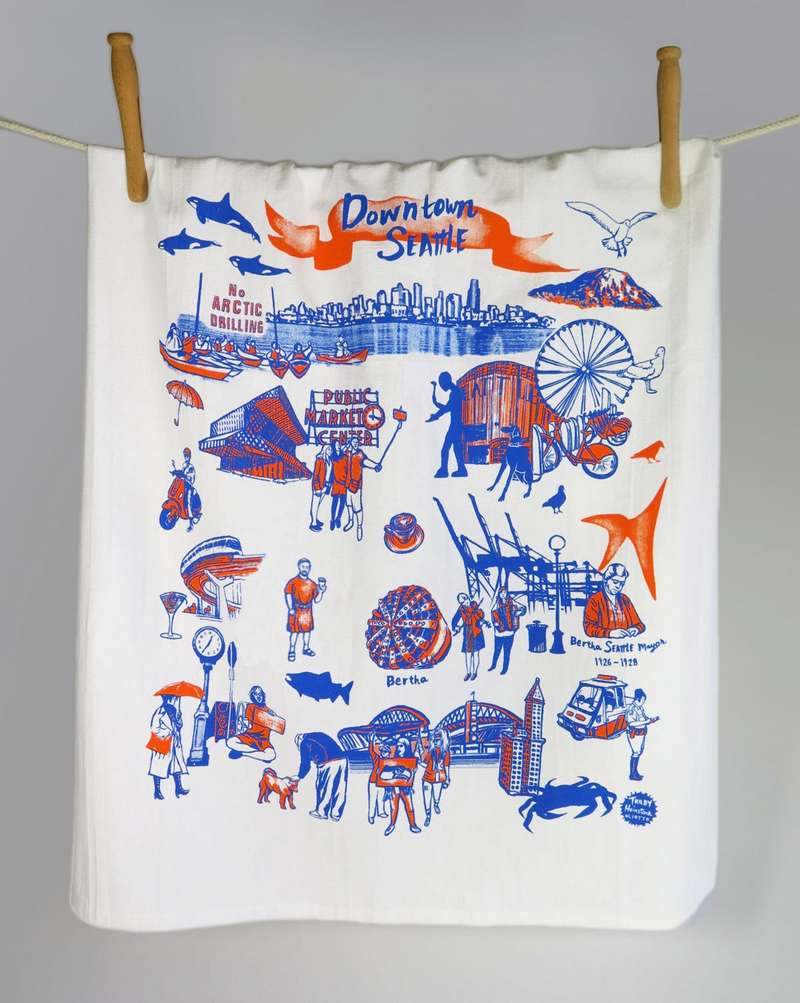 Downtown Seattle Retro Toile Neighborhood Tea Towel White Flour Sack ...