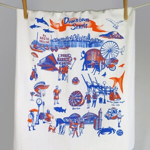 Downtown Seattle Retro Toile Neighborhood Tea Towel White Flour Sack ...