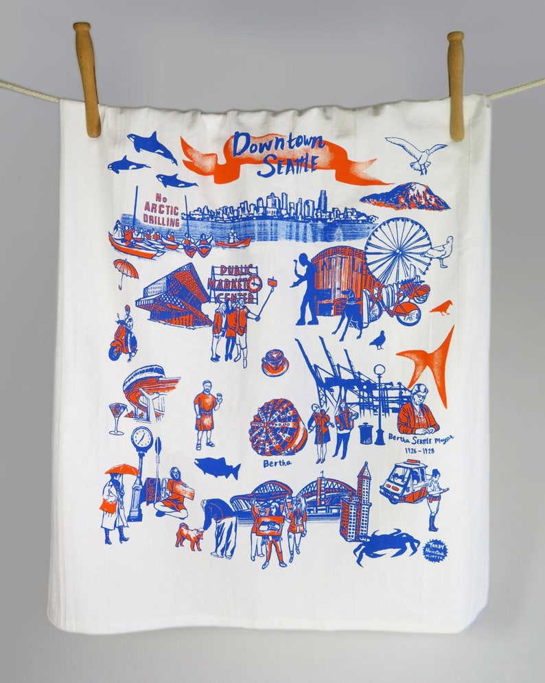 Downtown Seattle Retro Toile Neighborhood Tea Towel White Flour Sack ...