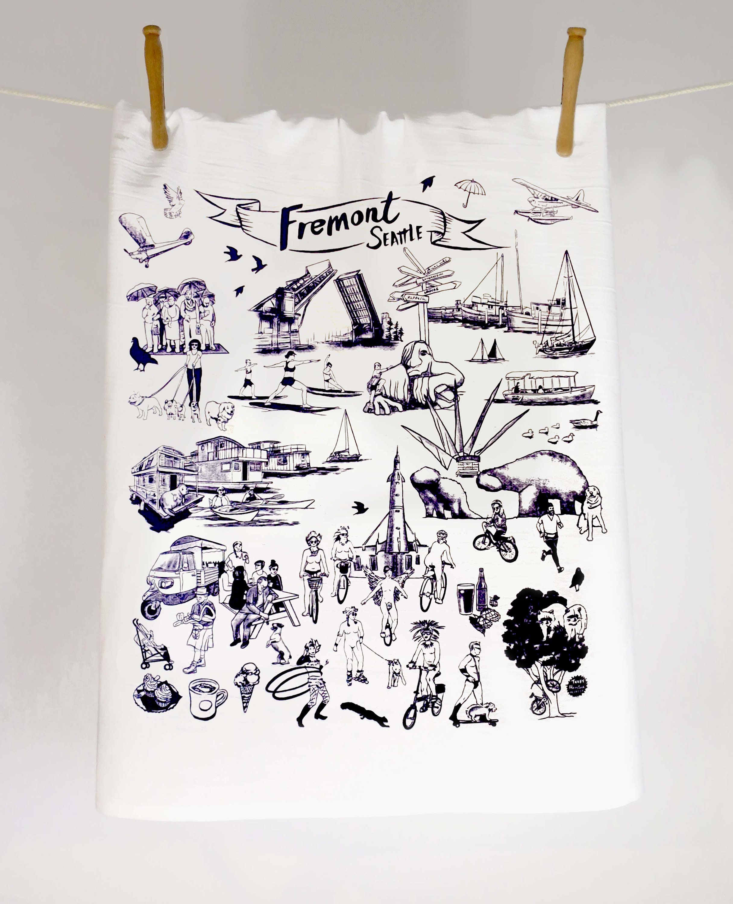 Tea Towel Fremont Seattle Neighborhood Purple on White Flour Sack 100% ...