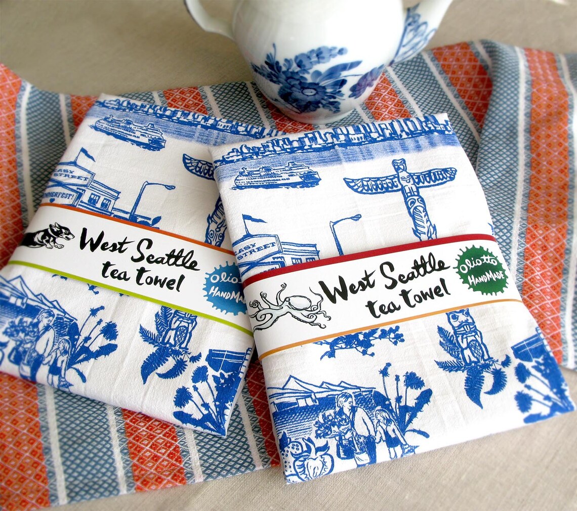 West Seattle Retro Toile Neighborhood Tea Towel White Flour Sack 100% ...