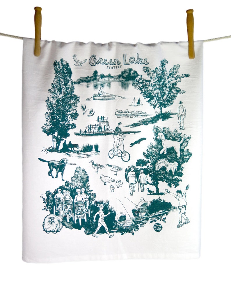 Tea Towel Seattle Green Lake on White Flour Sack 100% Cotton - Etsy